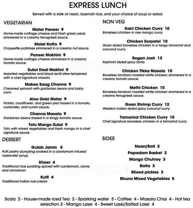 Menu at Tamarind restaurant, Matthews