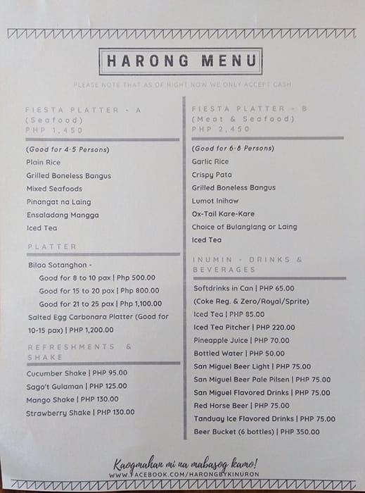 Menu at Harong by Kinuron restaurant, Pasig
