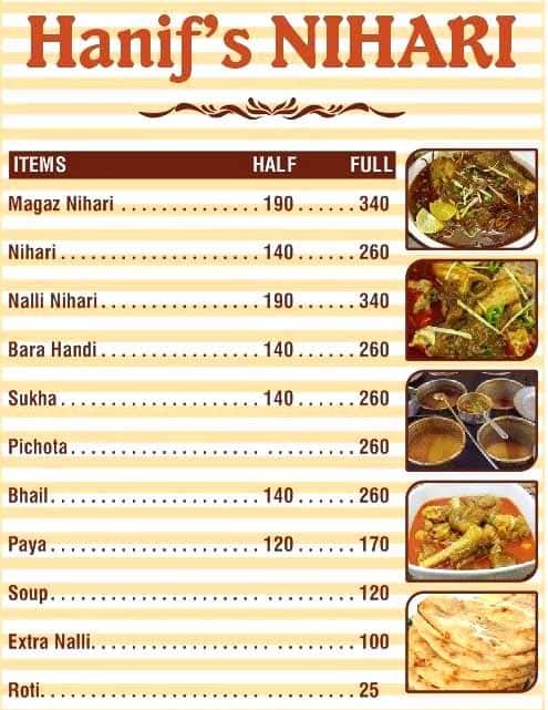 Menu of Hanif Nihari, Mira Road, Mumbai
