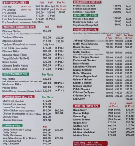 Menu of Chawla's, Preet Vihar, New Delhi