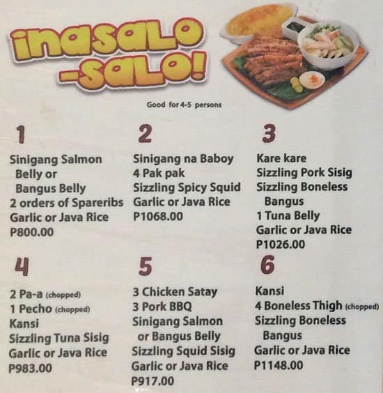 Menu at Inasal Chicken Bacolod restaurant, Manila, UG