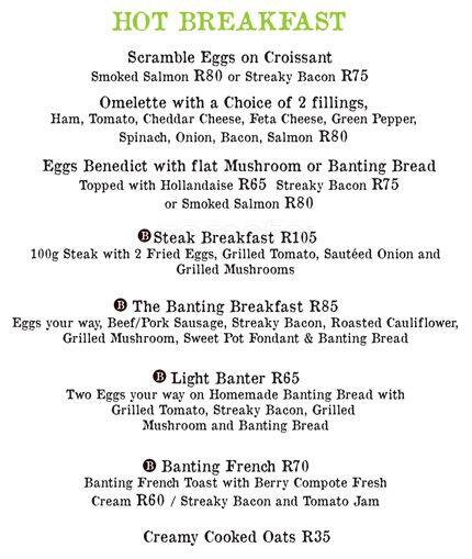 Menu at The Banting Kitchen, Cape Town