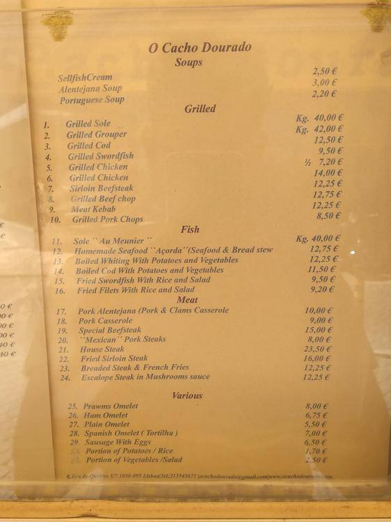 Menu at O Cacho Dourado restaurant, Lisbon