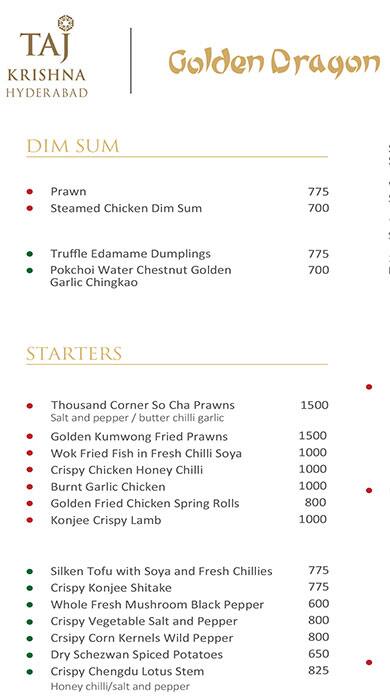 Menu of Golden Dragon - Taj Krishna, Banjara Hills, Hyderabad