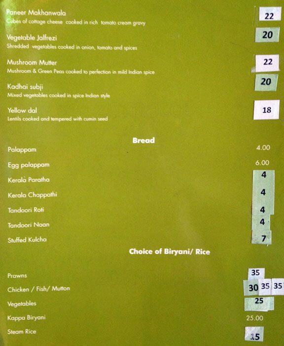 Menu at Kairali restaurant, Fujairah