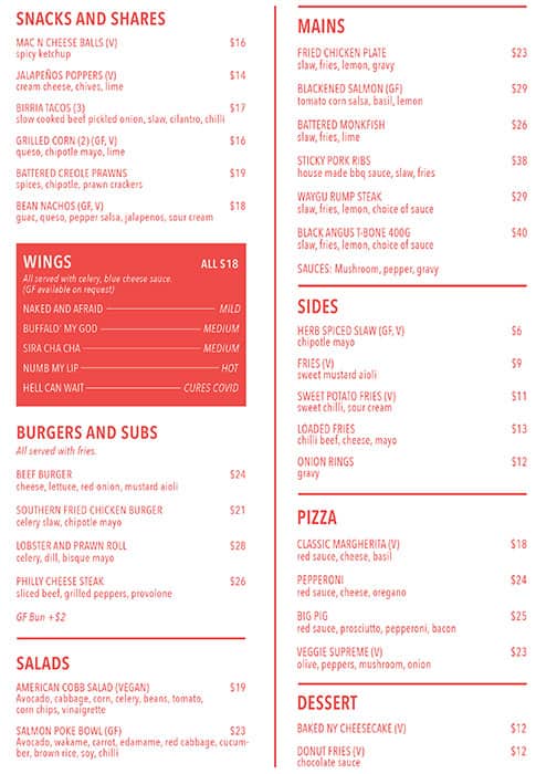 Menu at Cargo pub & bar, Sydney, 52-60 The Promenade