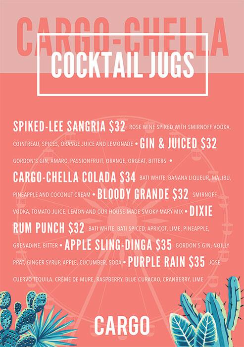 Menu at Cargo pub & bar, Sydney, 52-60 The Promenade