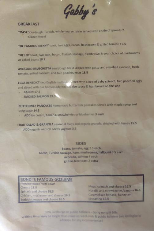 Menu at Gabbys Cafe, Bondi Beach