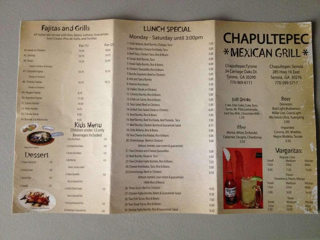 Menu at Chapultepec Mexican Grill restaurant, Tyrone