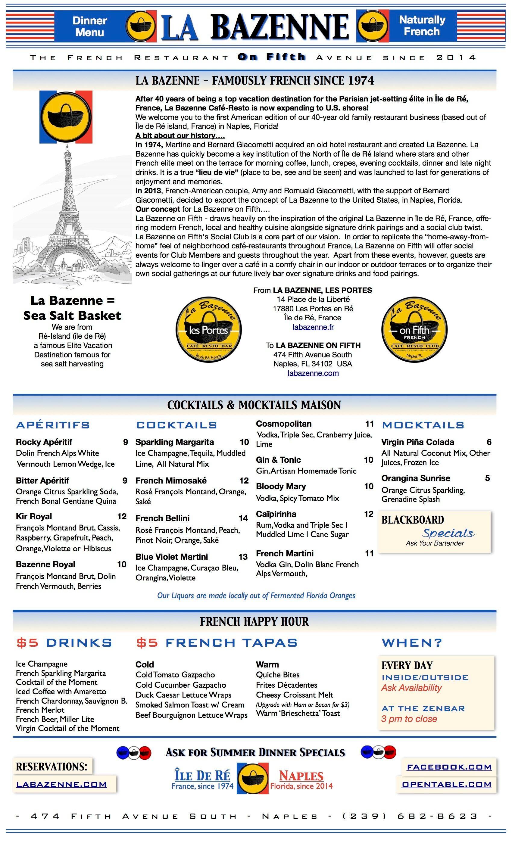 Menu at La Bazenne on Fifth steakhouse, Naples