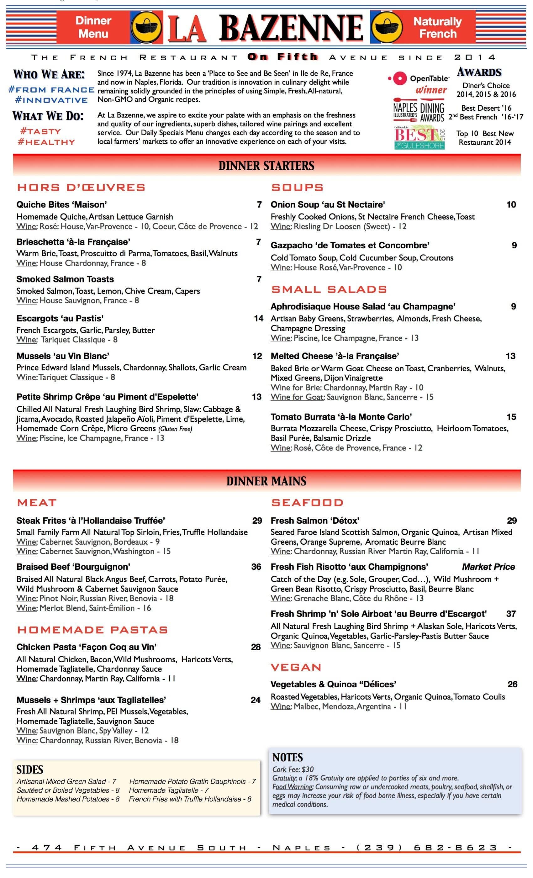 Menu at La Bazenne on Fifth steakhouse, Naples