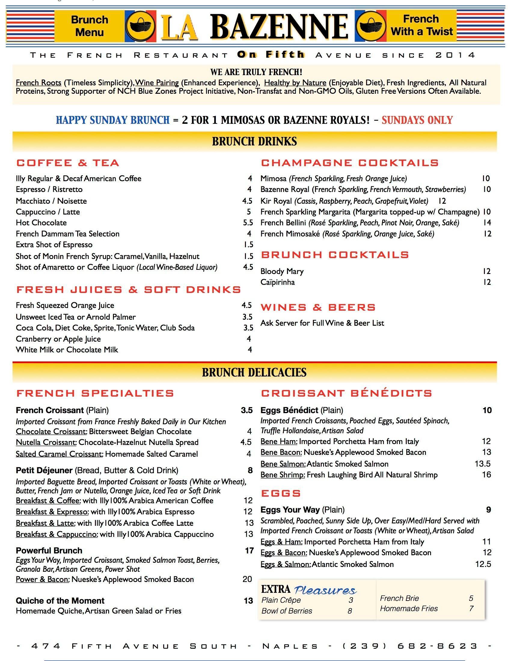 Menu at La Bazenne on Fifth steakhouse, Naples