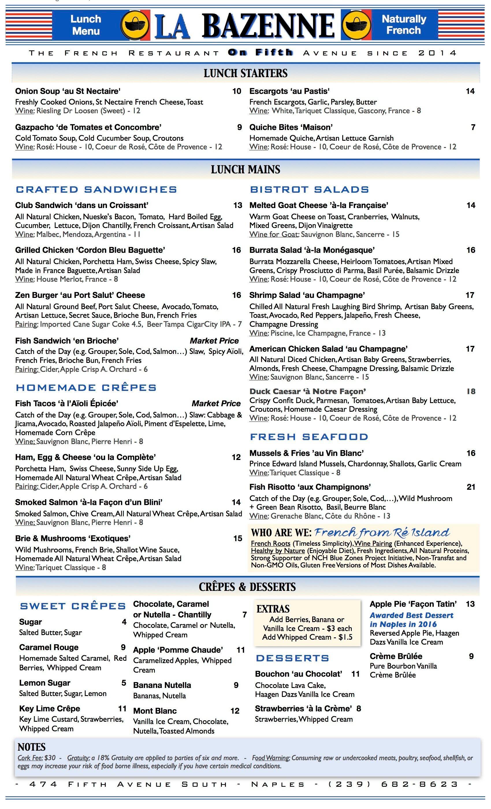 Menu at La Bazenne on Fifth steakhouse, Naples