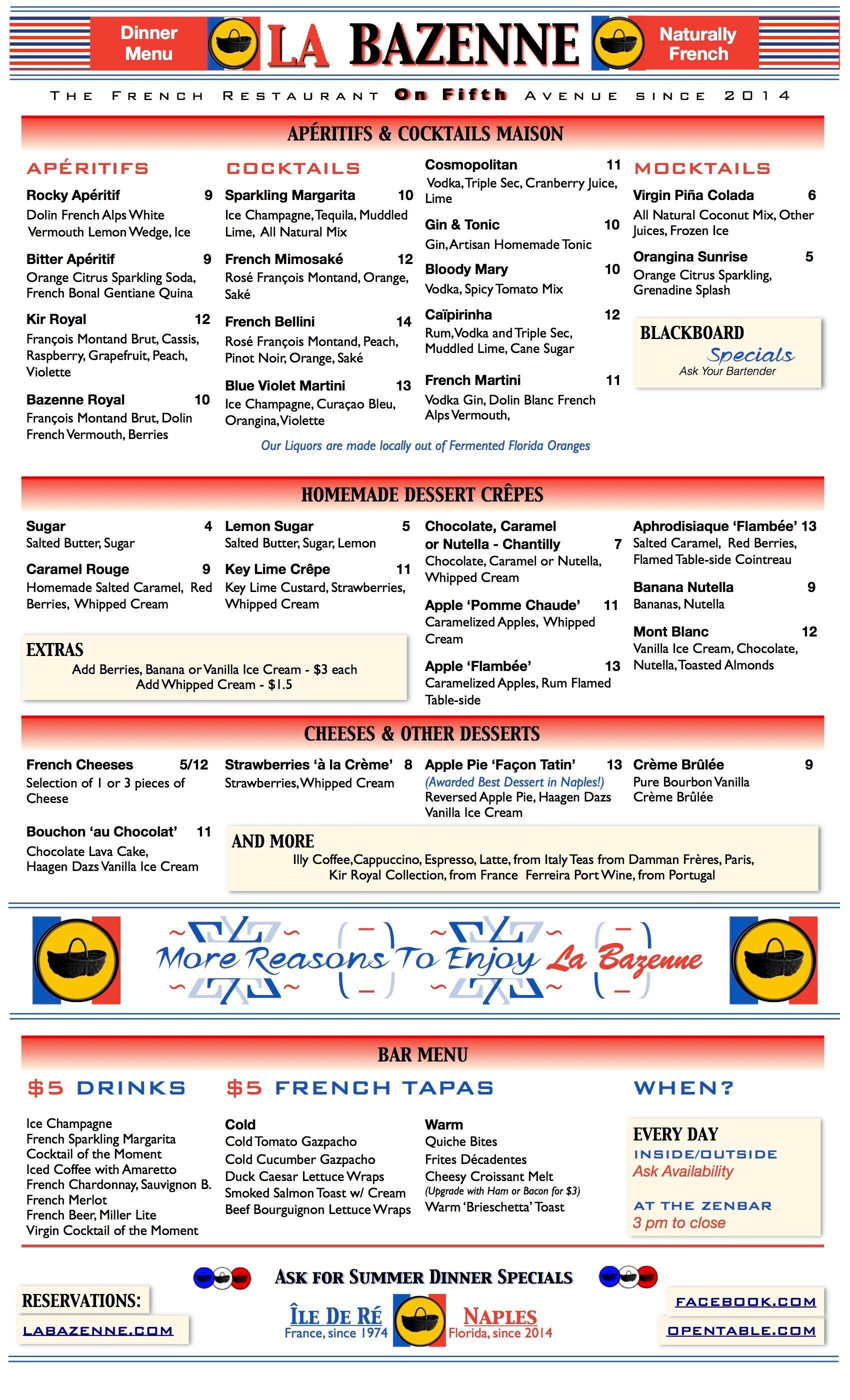 Menu at La Bazenne on Fifth steakhouse, Naples
