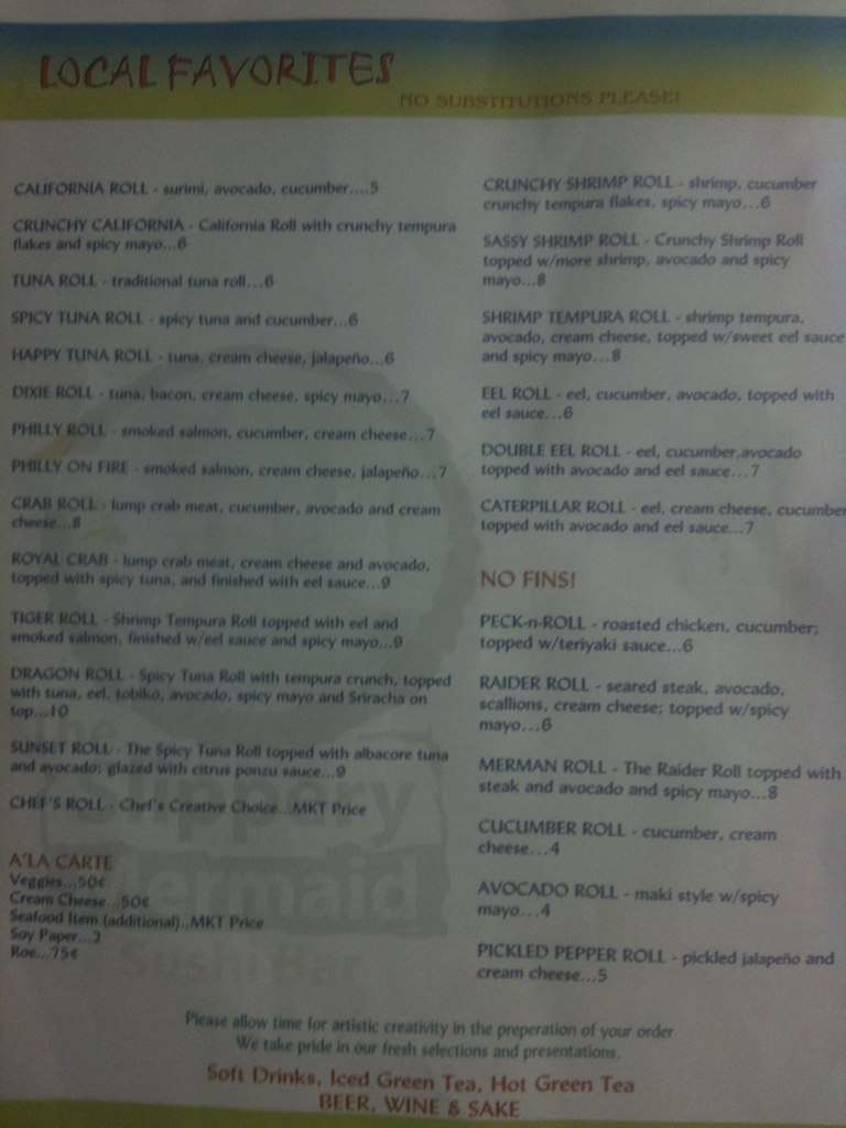 Menu at The Slippery Mermaid Sushi Bar Navarre, FL, Navarre