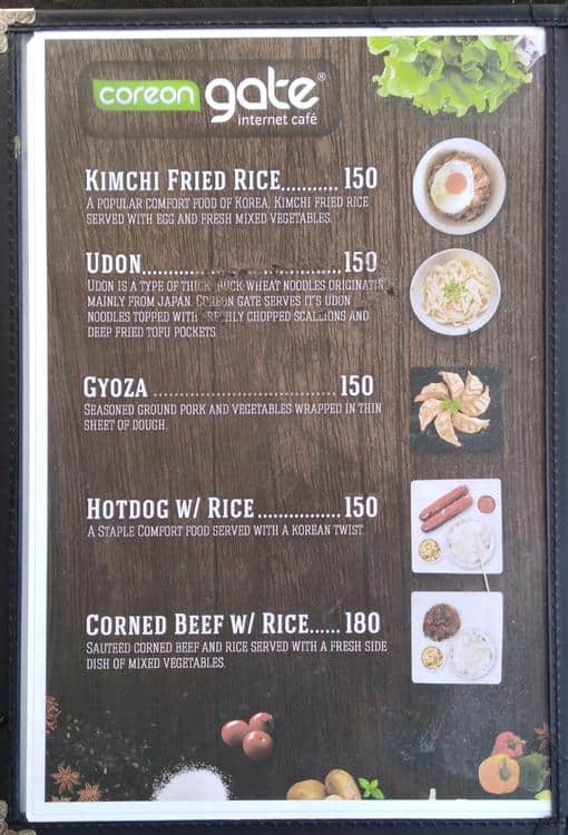 Carta del café Coreon Gate, Pasig