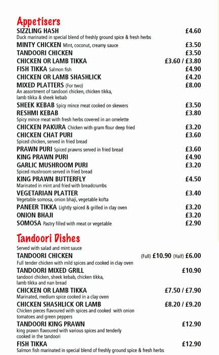 Menu at Spice Lounge restaurant, Mytchett