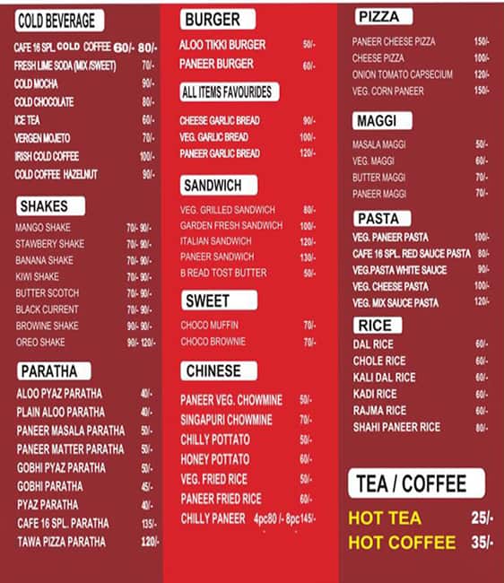 Menu of Cafe 16, Sector 3, Noida