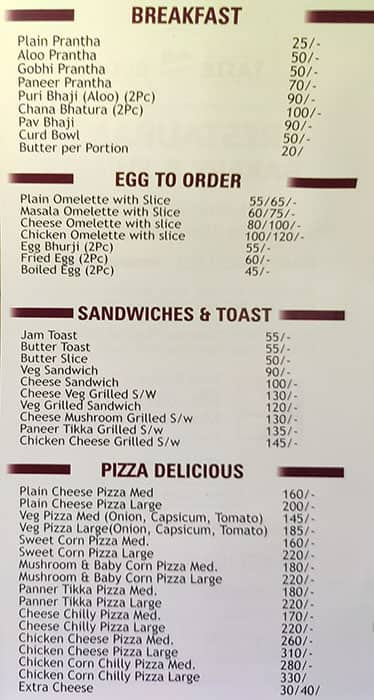 Menu of Taste Buds, Panthaghati, Shimla
