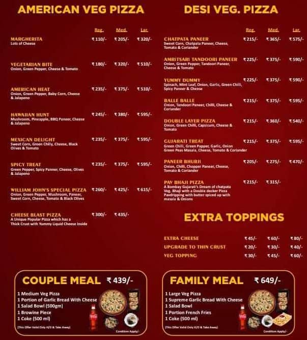 Menu at William John's Pizza, Surat