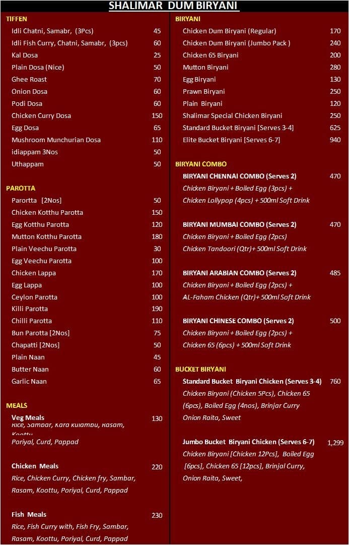 Menu at Shalimar Dum Biryani, Chennai