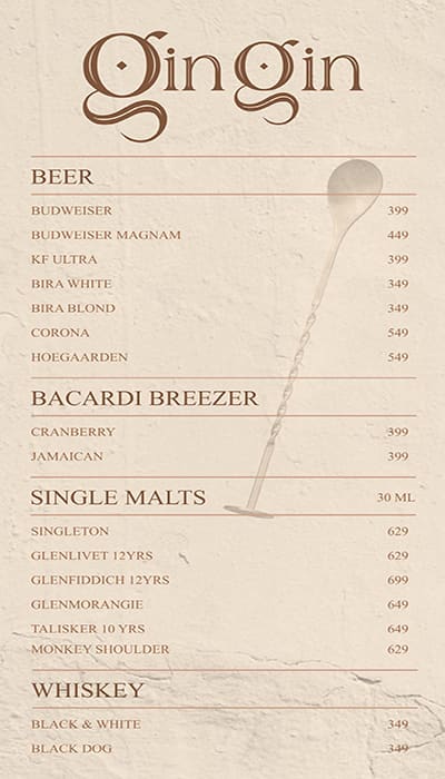 Menu of Gin Gin, 4 Bungalows, Mumbai