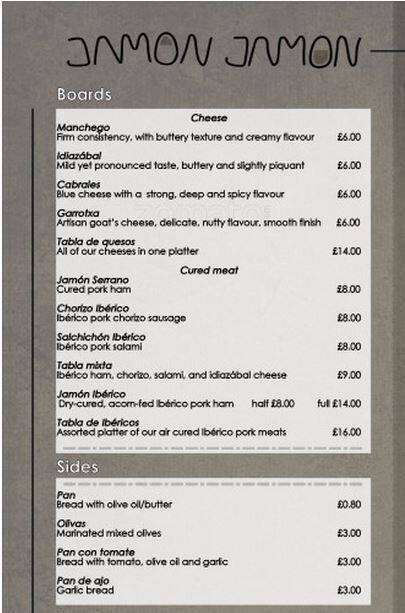 Menu at Jamon Jamon Islington restaurant, London, 88 Upper St