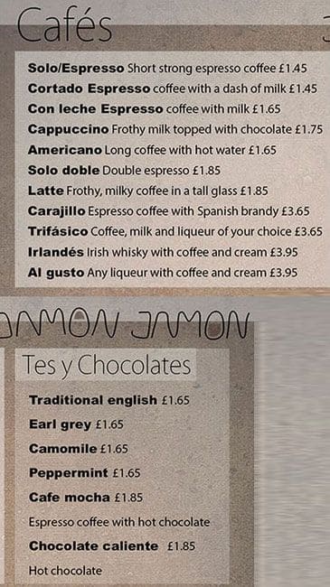 Menu at Jamon Jamon Islington restaurant, London, 88 Upper St