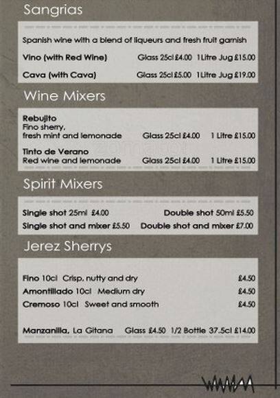 Menu at Jamon Jamon Islington restaurant, London, 88 Upper St