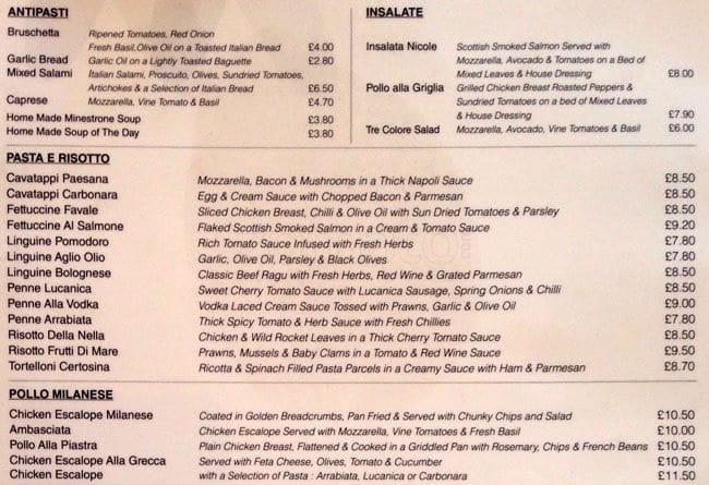 Menu at Cardinals of Mayfair restaurant, London