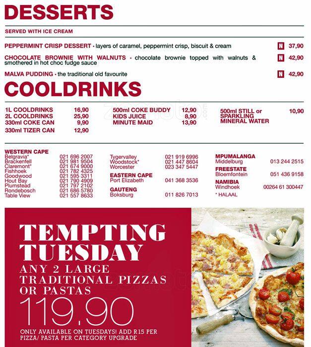 Carta de pizzería St Elmo's, Boksburg