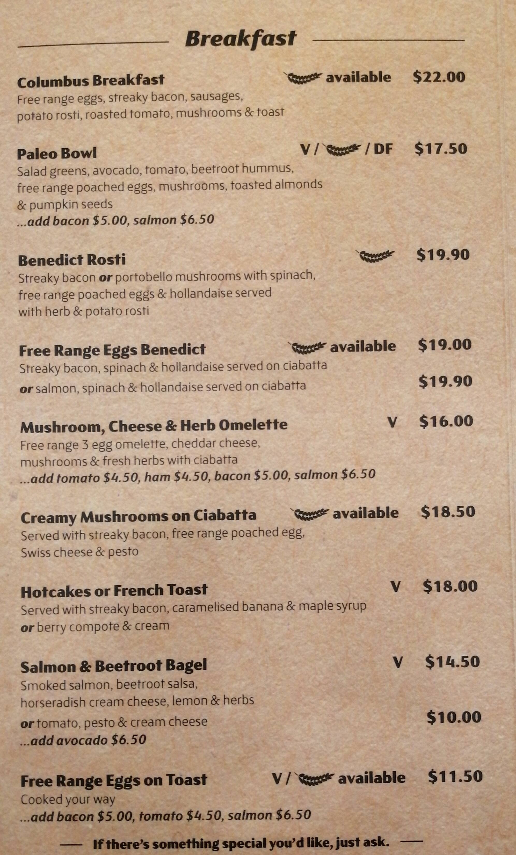 Menu at Columbus Coffee cafe, Auckland, 260 Oteha Valley Rd