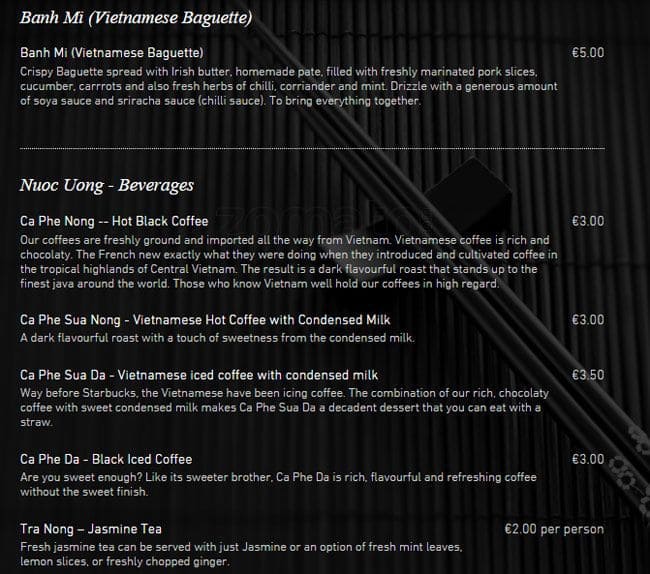 Menu at Pho Viet restaurant, Dublin