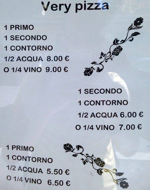 Menu at La Verace pizzeria, Rome
