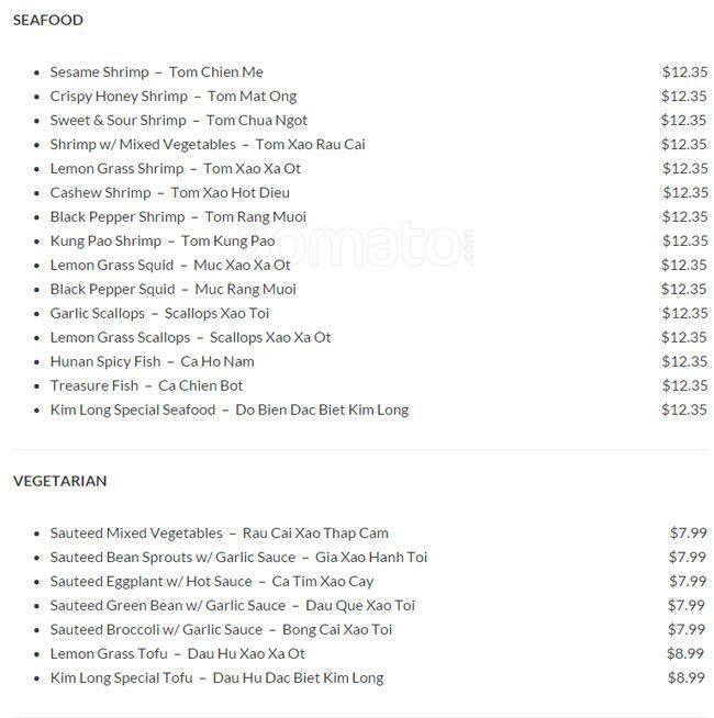 Menu at Kim Long restaurant, The Woodlands, Kuykendahl Rd