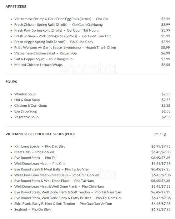 Menu at Kim Long restaurant, The Woodlands, Kuykendahl Rd