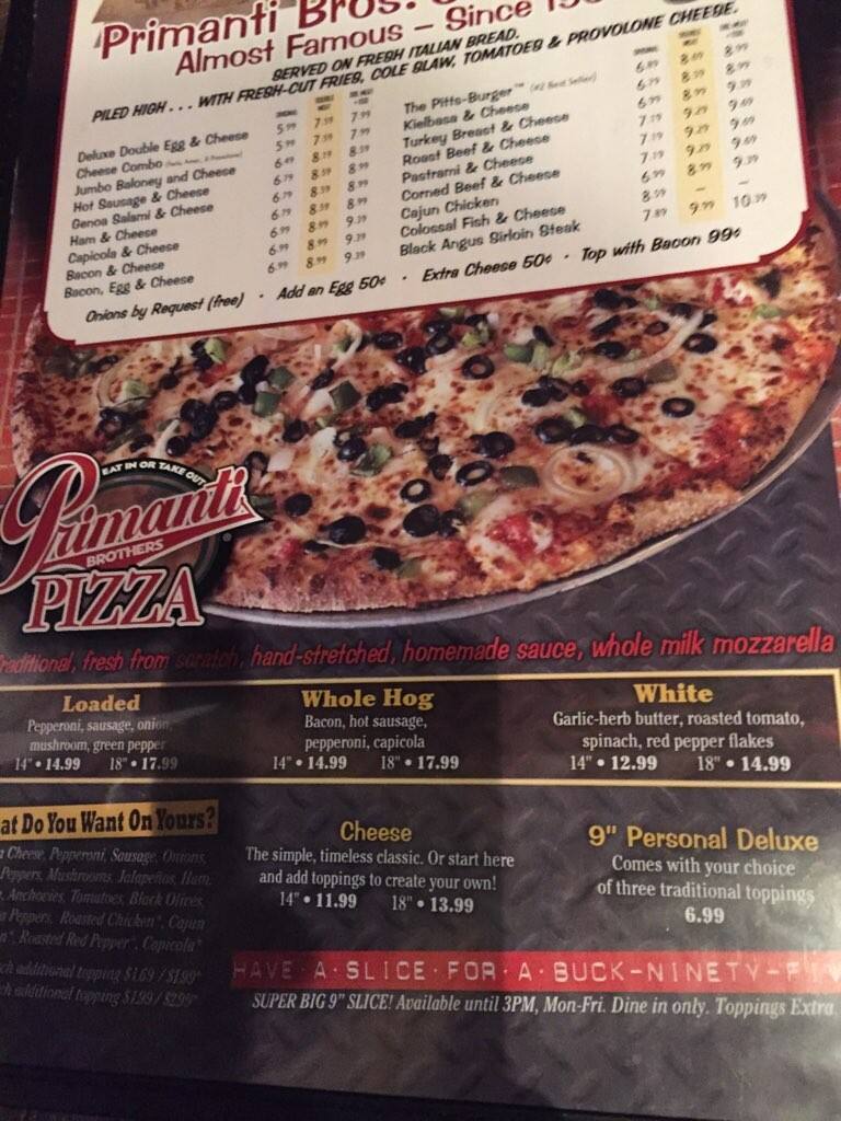 Menu at Primanti Bros. Restaurant and Bar Wheeling, Triadelphia, 255 ...