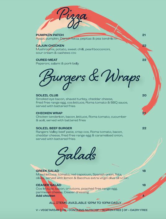 Menu at Soleil Pool Bar, Brisbane City