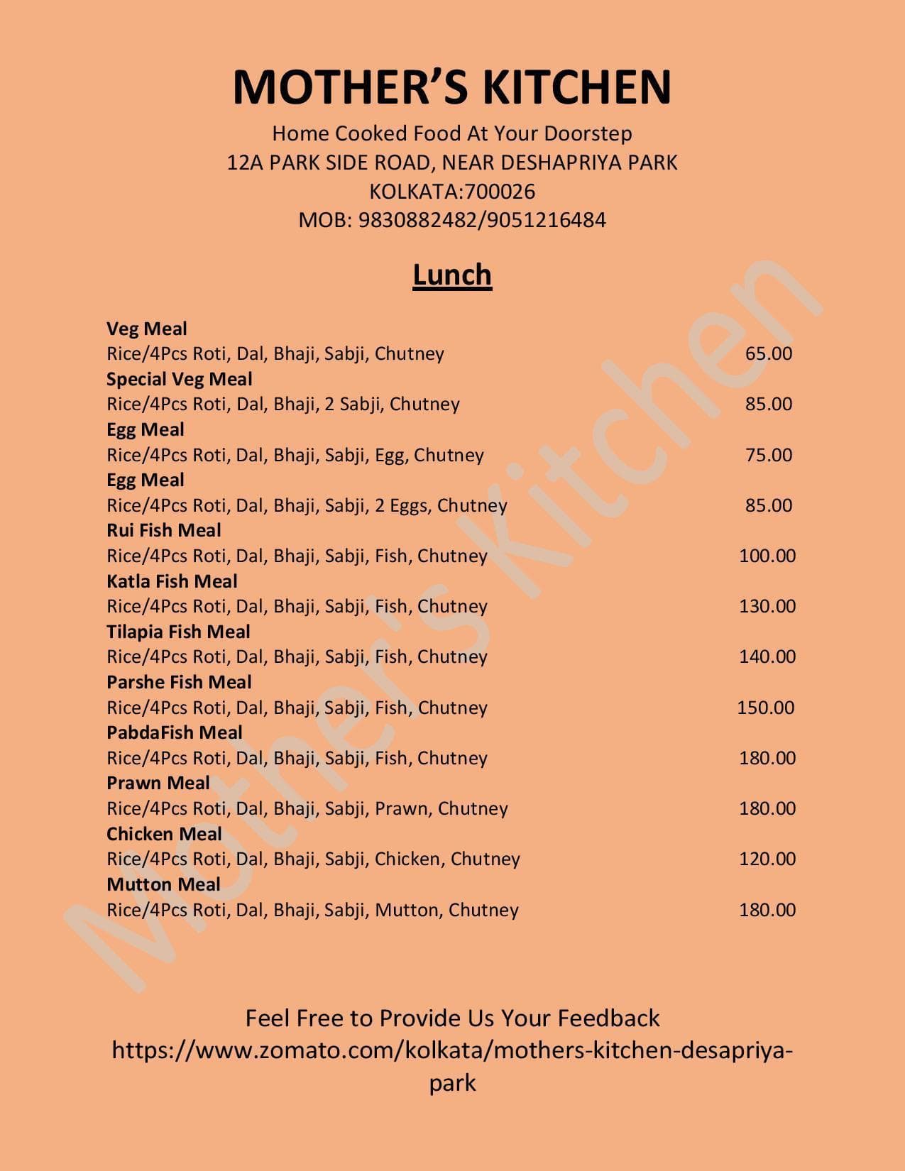 Mother's Kitchen Menu, Menu for Mother's Kitchen, Desapriya Park ...
