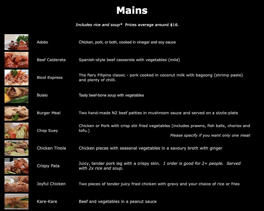 Menu at Turo-Turo Philippine Cafe, Auckland, 26 Mayfair Pl