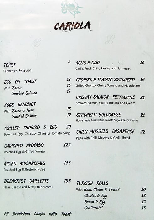 Menu at Cariola restaurant, Perth