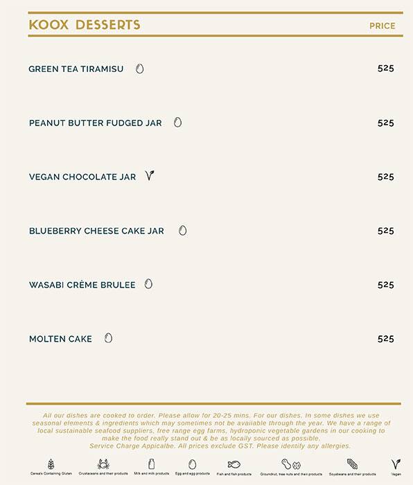 Menu at Koox, Chennai