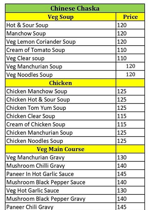 Menu of Chinese Chaska, Wakad, Pune