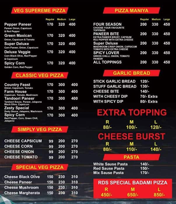 Menu of RDS Pizza, Sector 5, Gurgaon