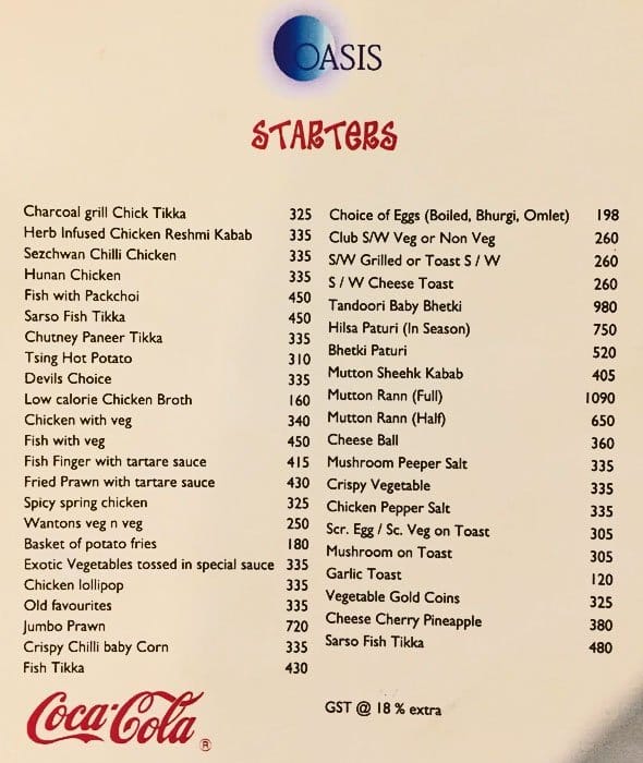 Oasis Menu, Menu for Oasis, Park Street Area, Kolkata - Zomato