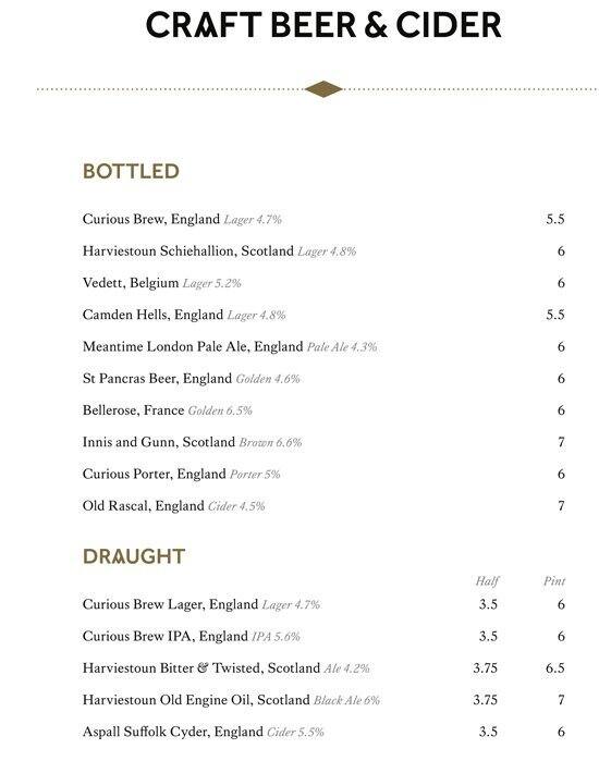 Menu at Platform Bar, London, 9 Handyside St