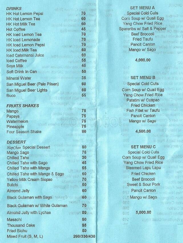 Menu at Hap Chan restaurant, Manila, 1004 City of Manila