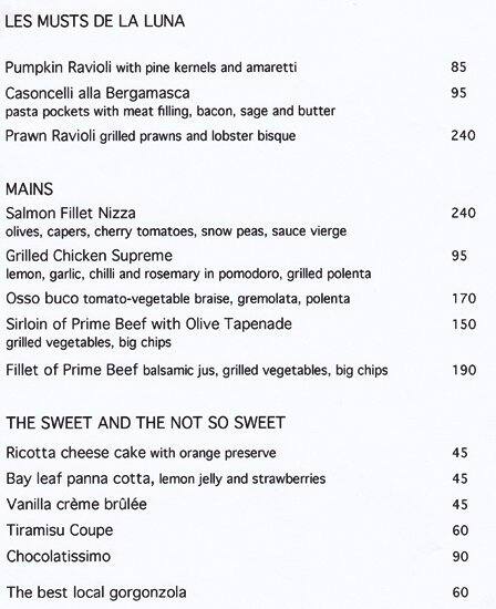 Menu at La Luna of Melville restaurant, Johannesburg