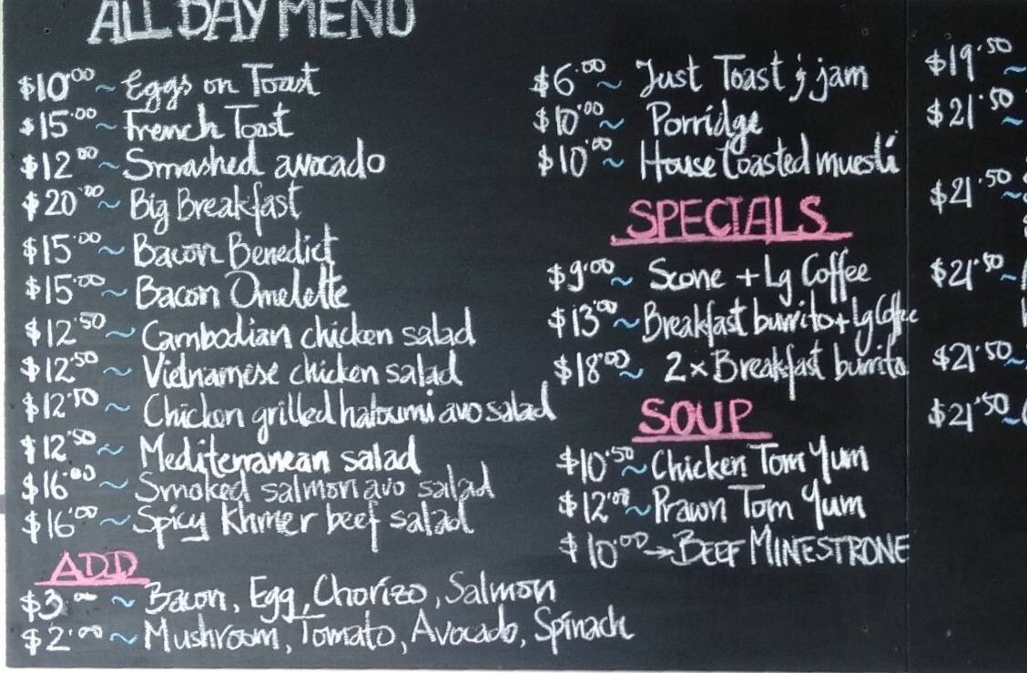 Menu at Standing Room Espresso cafe, Auckland, 201 Hinemoa St