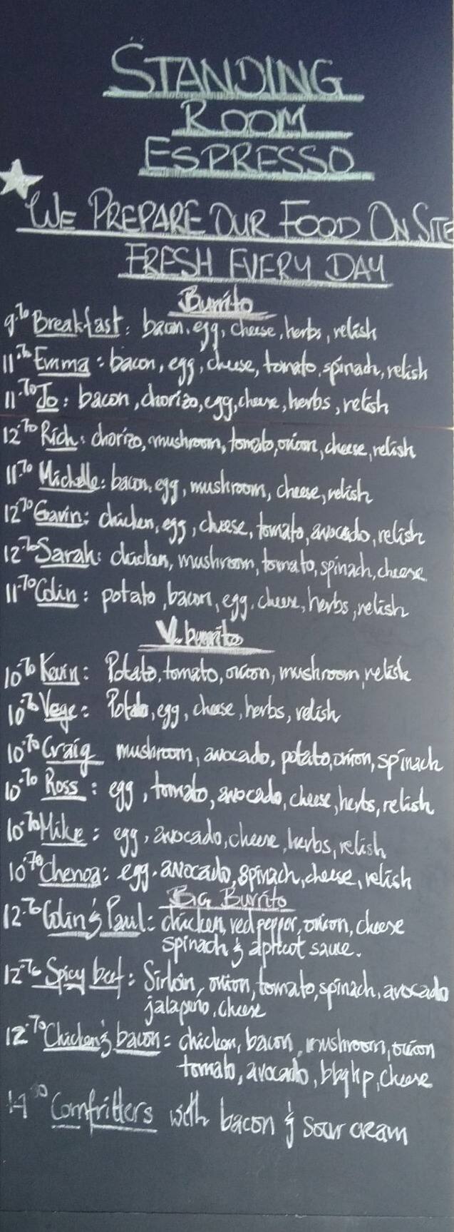 Menu at Standing Room Espresso cafe, Auckland, 201 Hinemoa St
